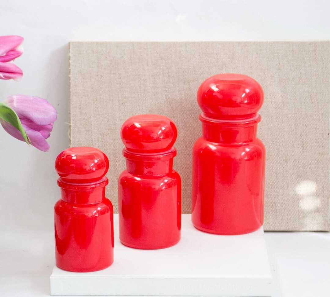 Vintage Red Glass Apothecary Jars, Red Kitchen Glass Storage 1970s, Red ...