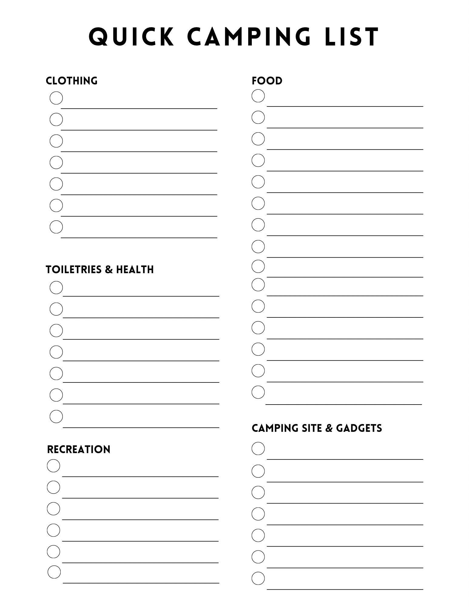 Minimal Quick Camping Trip Packing List Printable - Etsy