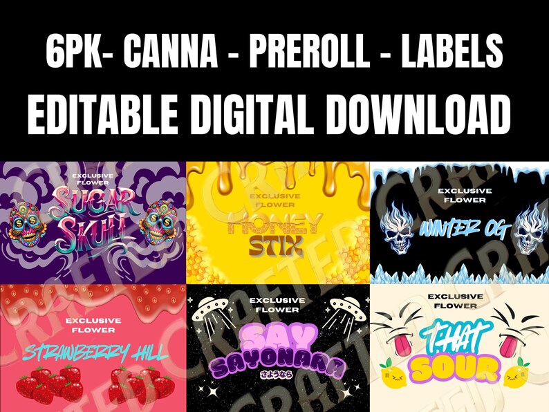 6PK- Ready to Print Canna Pre Roll Label Designs (6x2) Editable ...
