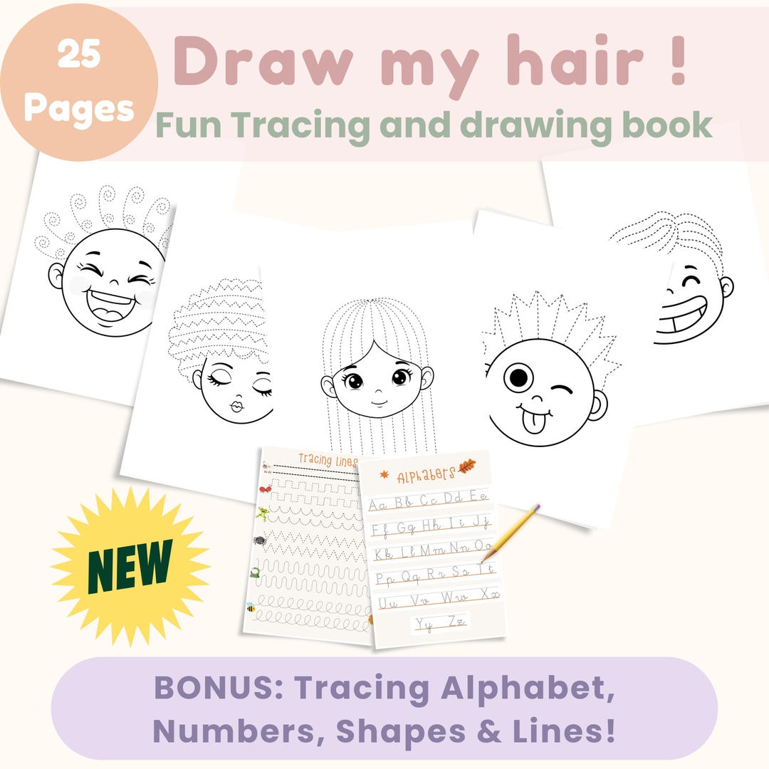Draw My Hair Activity Book: Hair Tracing, Letters, Numbers (PDF) - Etsy UK
