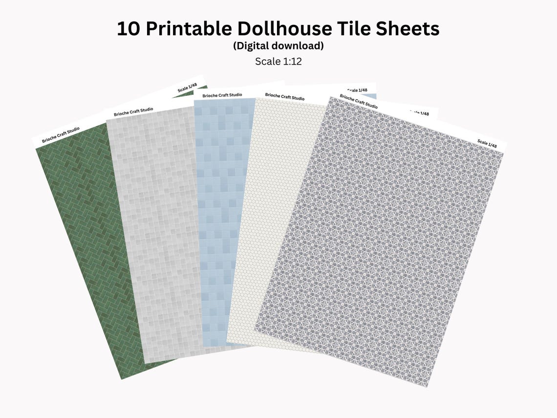 10 Printable Dollhouse Tile Sheets Kitchen Bathroom Floor Patterns 1:12 ...