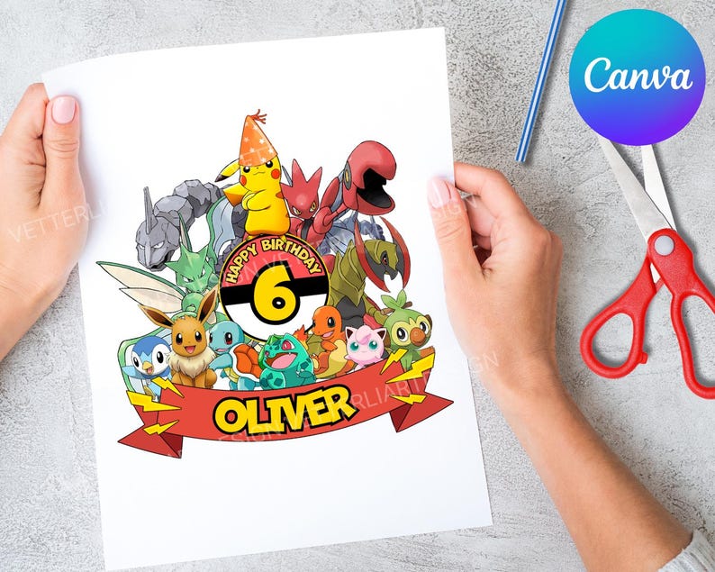 Pokemon Cake Topper, Printable Canva Editable Cake Topper, Birthday ...