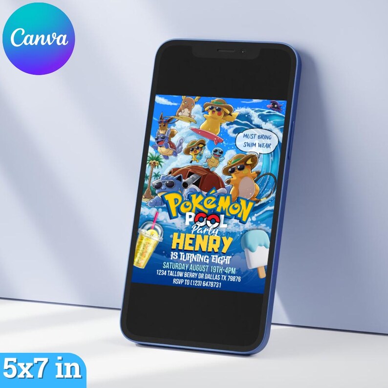 Pokemon Birthday Pool Party Printable Invitation, Pool Party Invitation ...