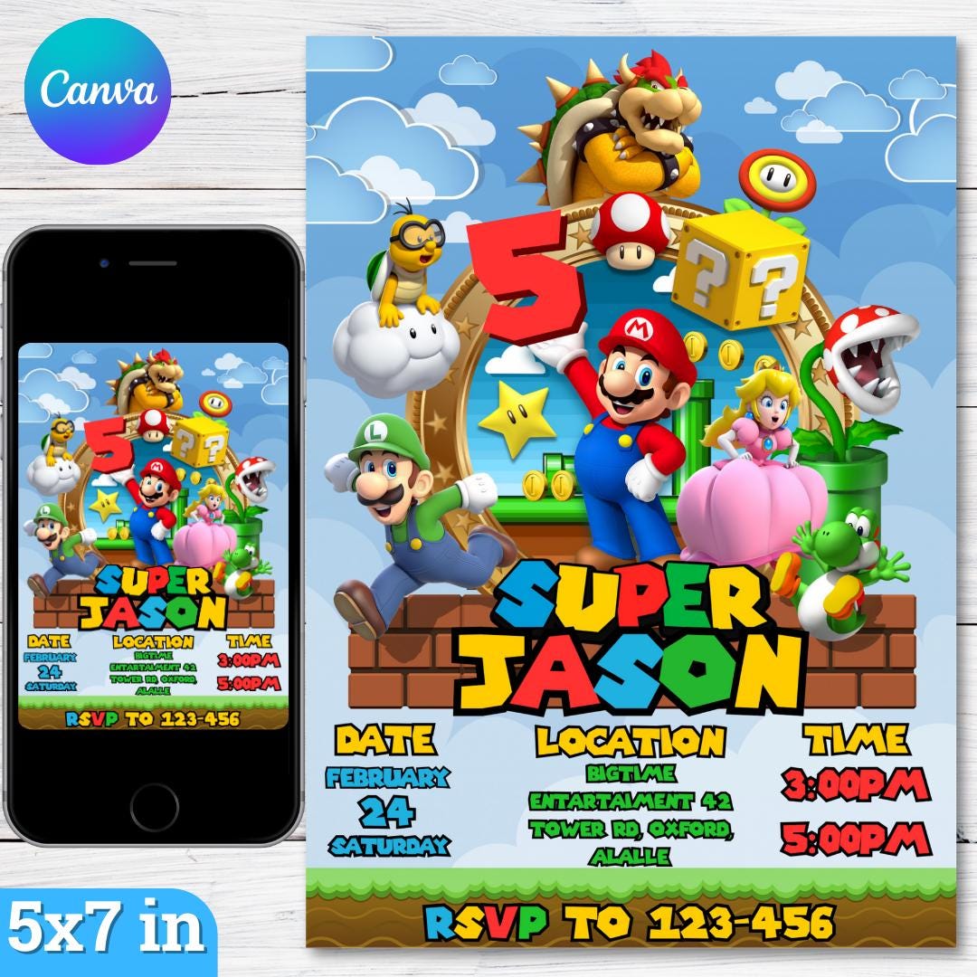 Mario Birthday Party Printable Invitation, Party Invitation, Canva ...
