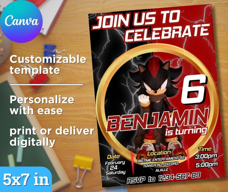 Shadow the Hedgehog Birthday Party Printable Invitation, Birthday Party ...