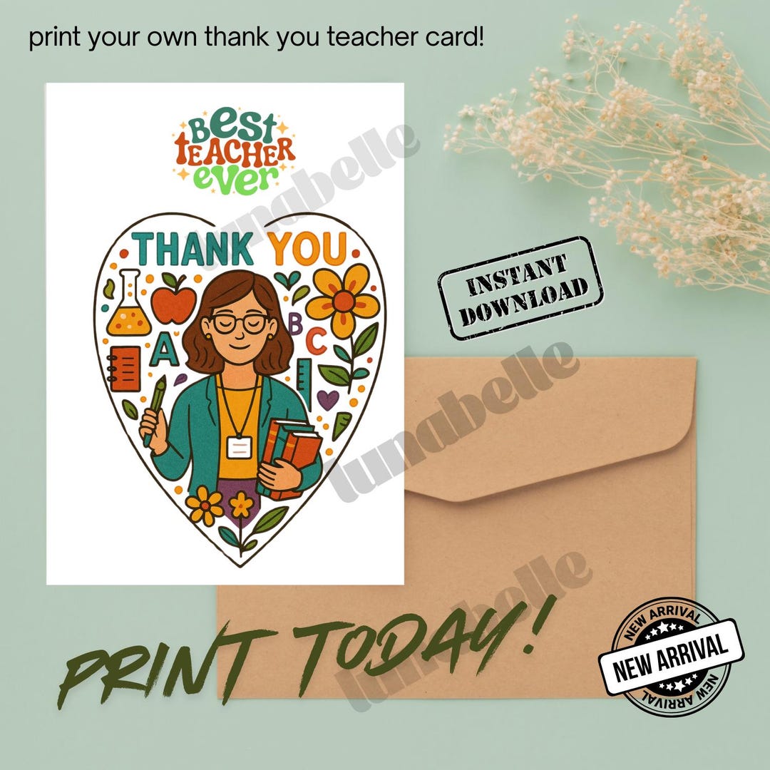 Print Your Own Best Teacher Thank You Card; Instant Download; Printable ...