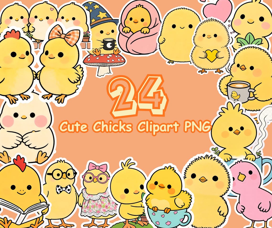 24 Cute Chicks Clipart PNG | Baby Chick Bundle | Kawaii Farm Animals ...