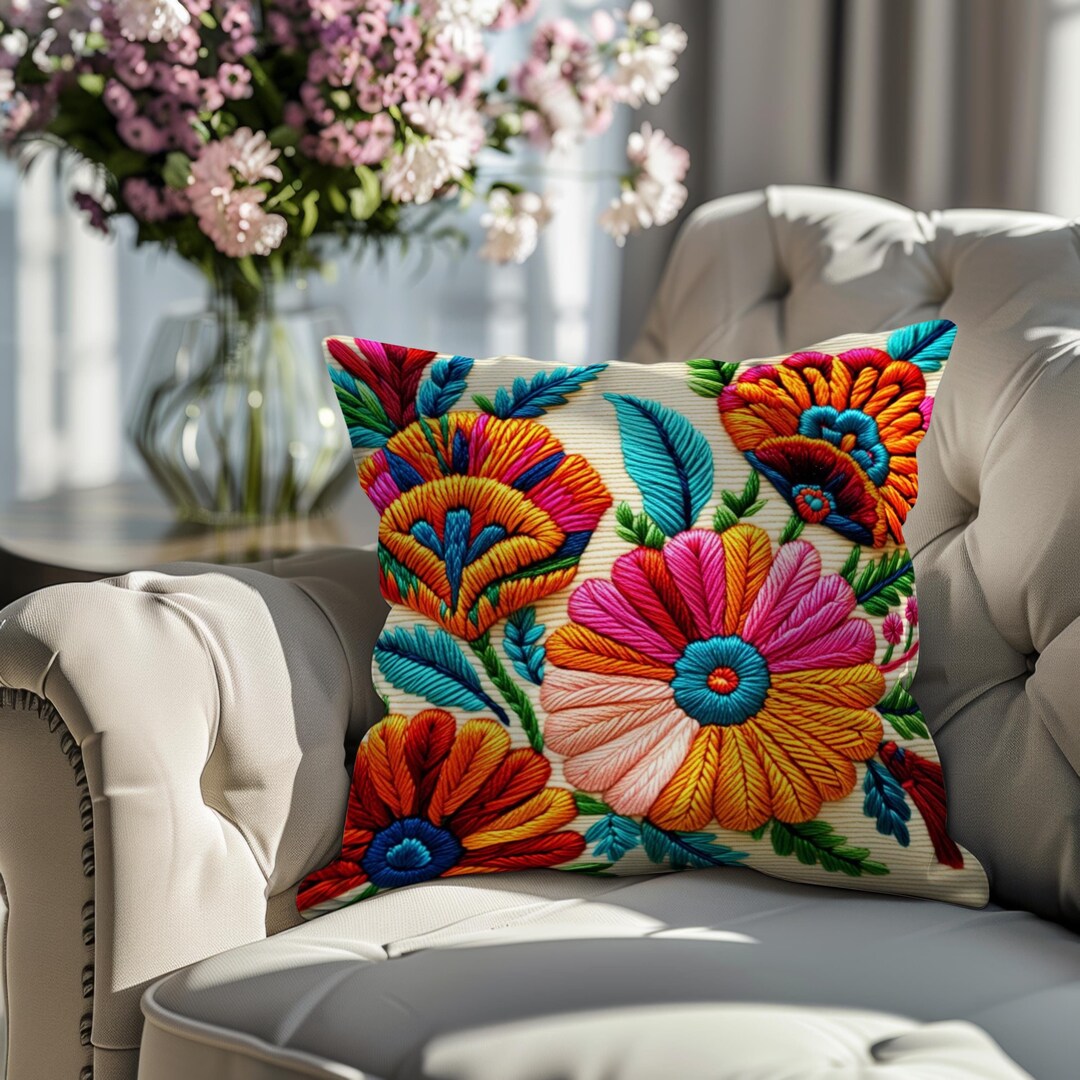 Mexican Embroidery Pillow – Colorful Floral Throw Cushion – Boho Home ...