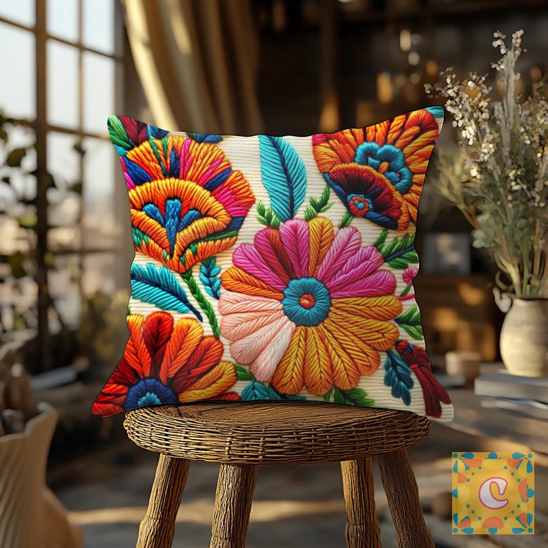 Mexican Embroidery Pillow – Colorful Floral Throw Cushion – Boho Home ...