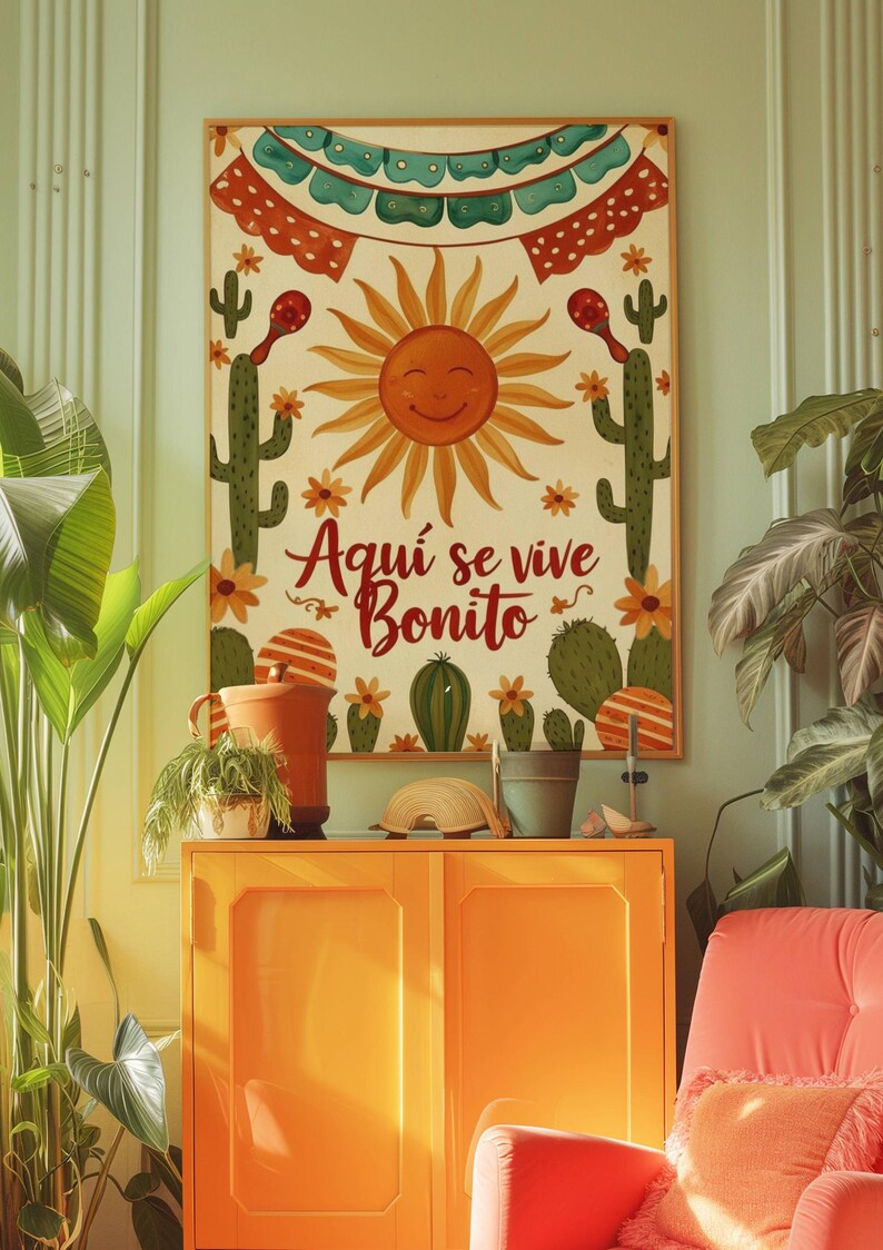 Mexican Sun Wall Art Print - Boho Summer Poster With Cactus and Papel ...
