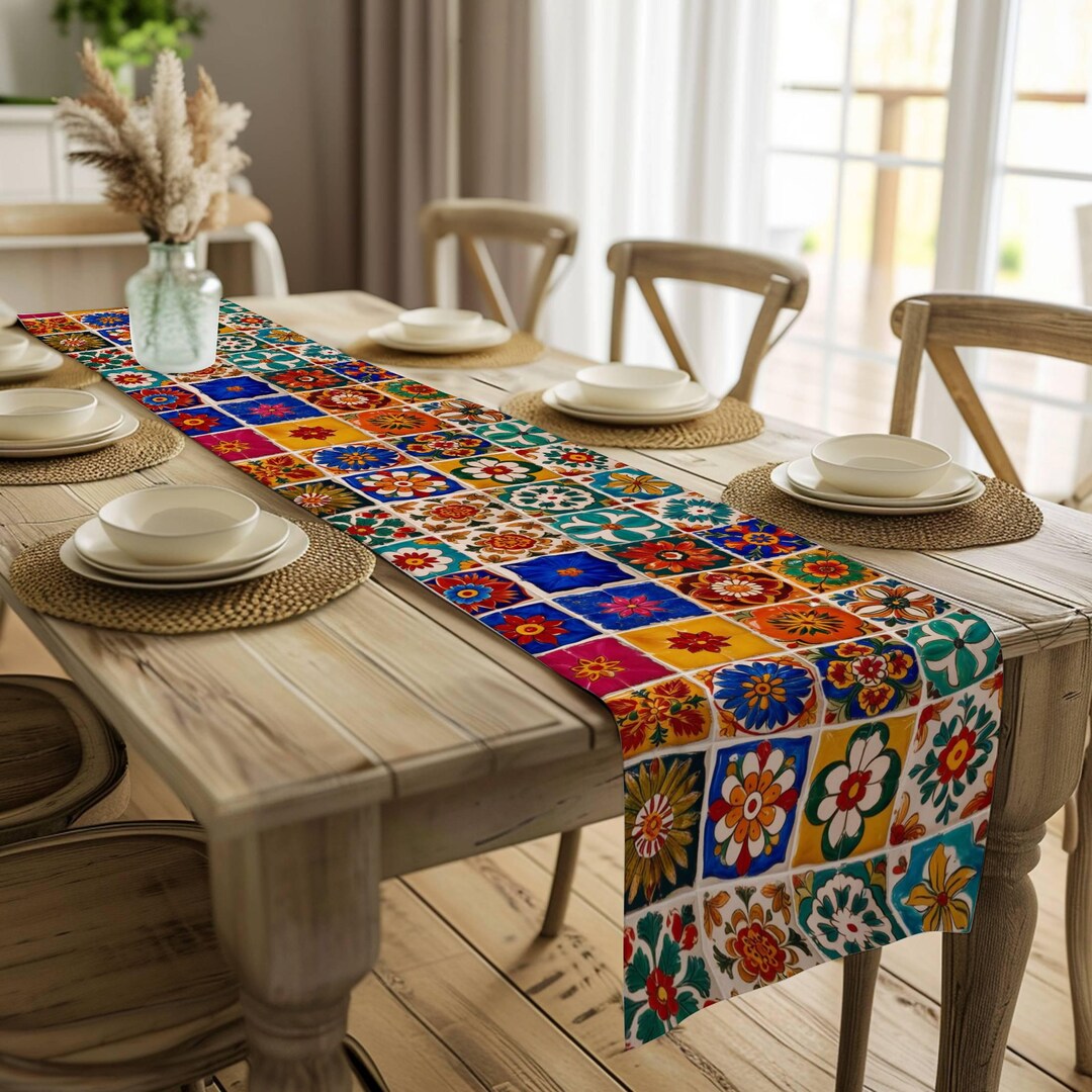 Mexican Talavera Tile Table Runner - Colorful Festive Table Decor ...