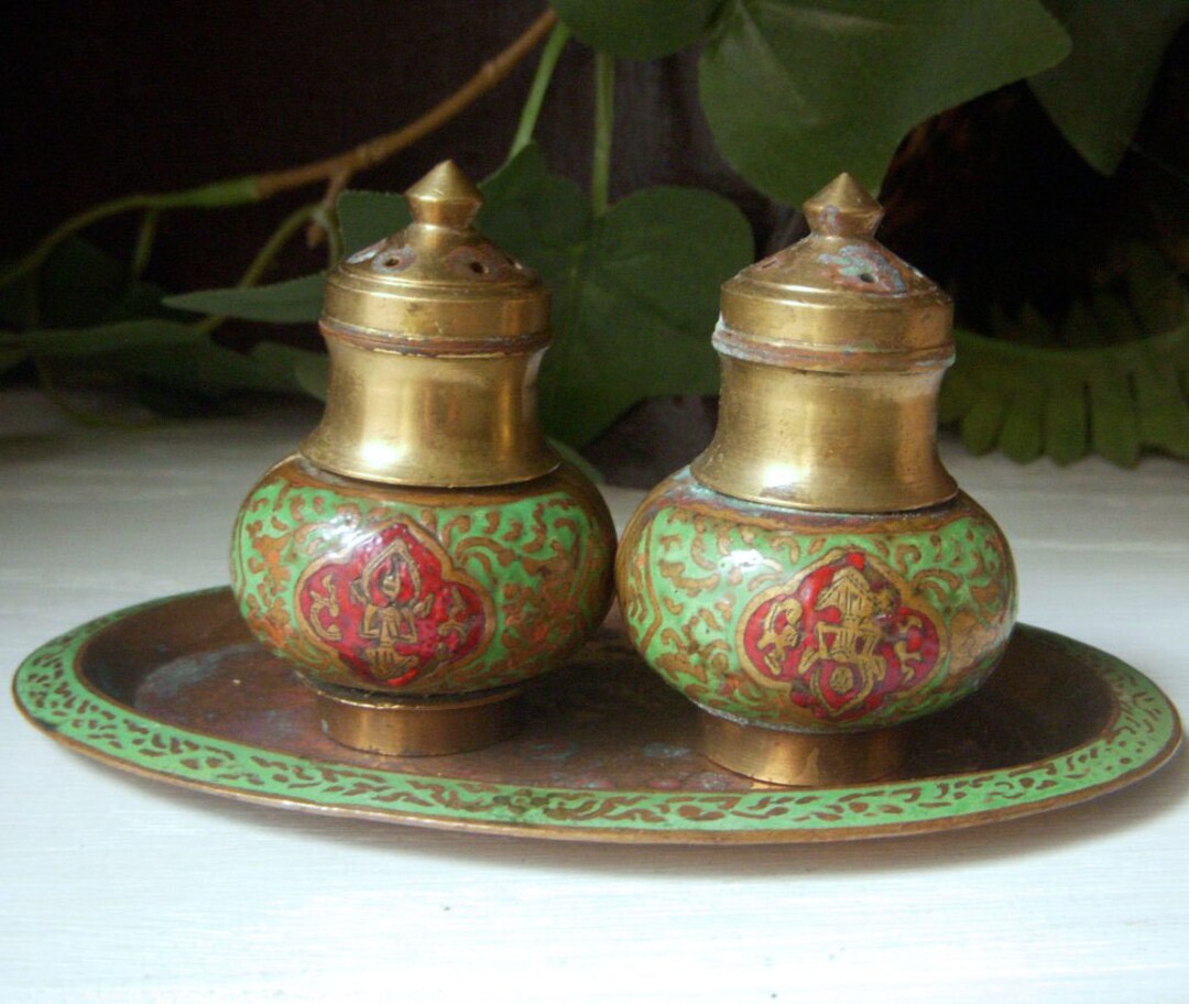 Vintage Chinese Brass and Cloisonne Salt and Pepper Shakers and Tray ...