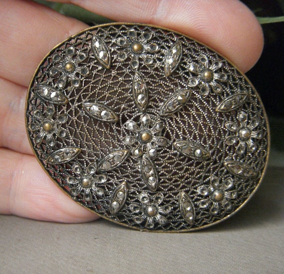 Antique Czech Filigree Marcasite Brooch, Large Oval C… - Gem