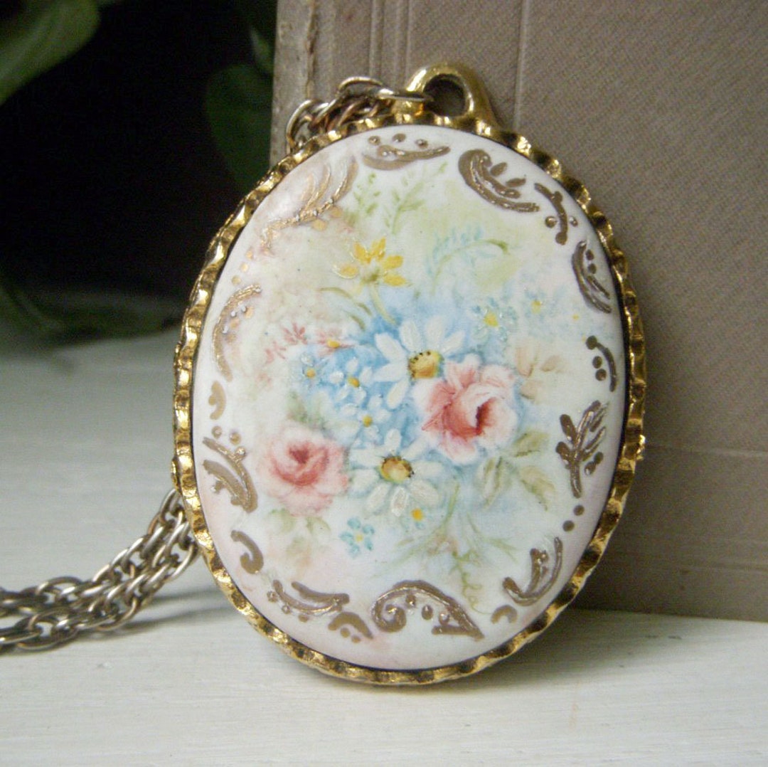 Vintage Porcelain Mirror Pendant Necklace, Hand Painted Floral, Pendant ...
