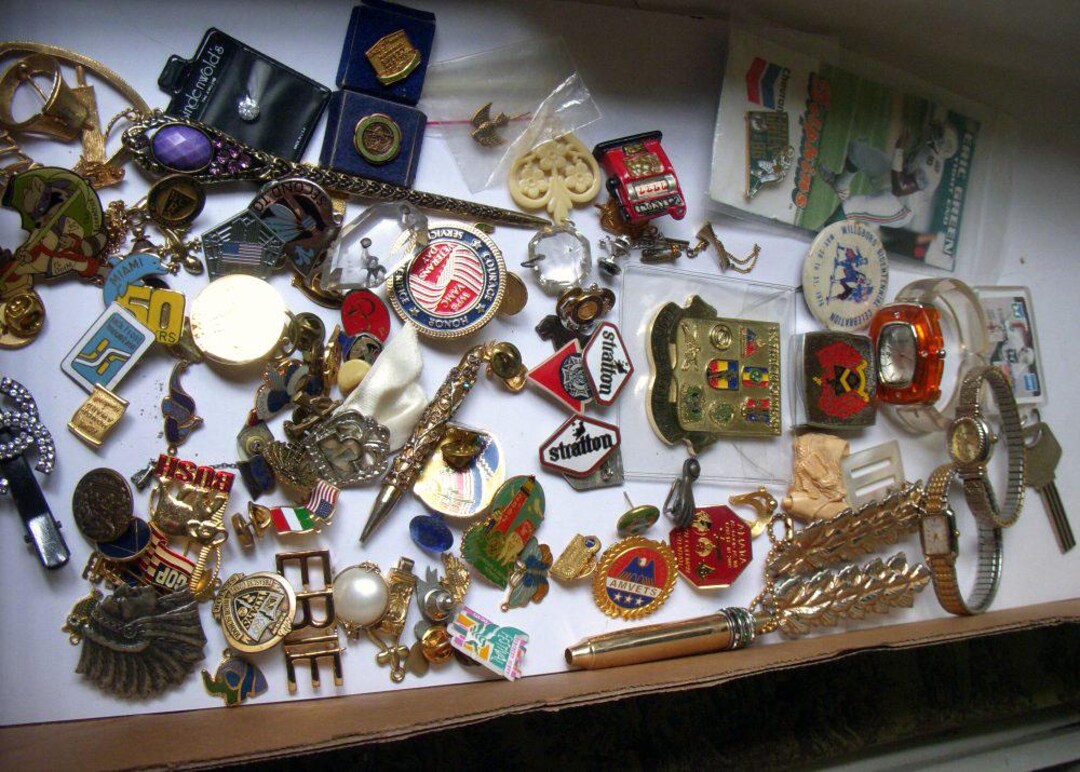 Huge Vintage Junk Drawer Lot, Jewelry Watches Pins Medals Advertising ...