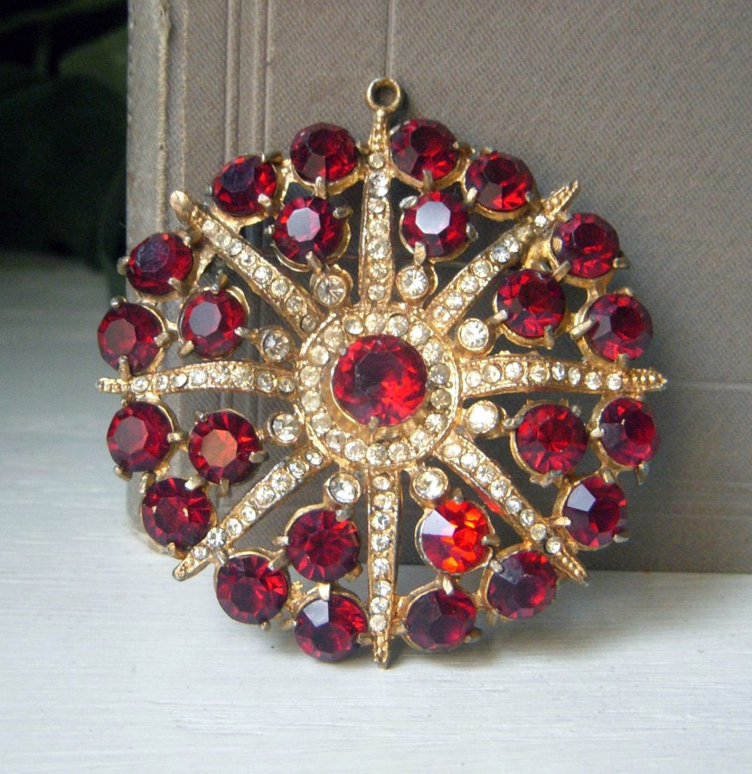 Vintage Red Crystal Rhinestone Brooch, Dark Red and Goldtone Floral Pin ...