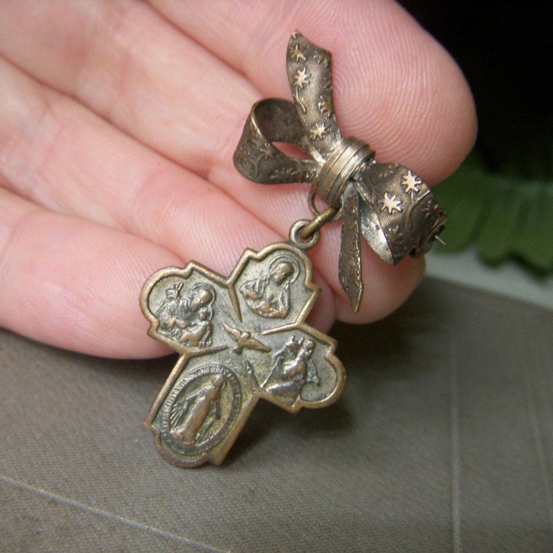 Vintage Four-way Catholic Medal Pin, Bow Brooch Brass, Antique Catholic ...