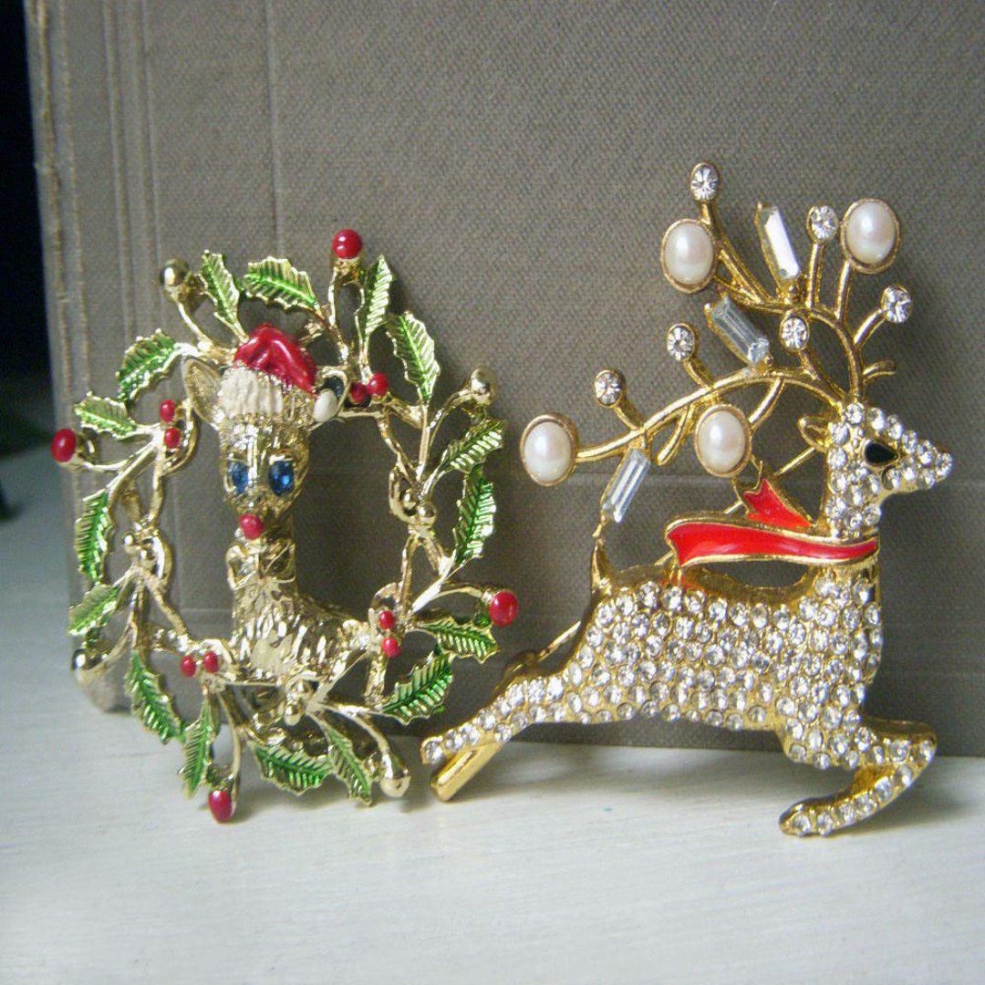 Vintage Reindeer Christmas Pin Lot, 2 Holiday Brooches, Rhinestone and ...