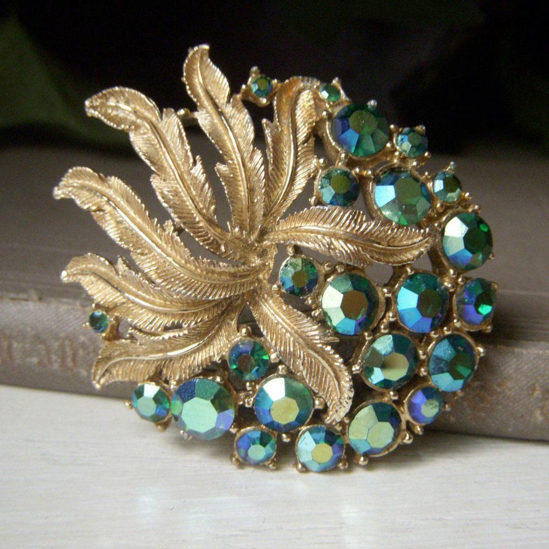 Vintage Emerald Coro Floral Brooch, Green AB Rhinestone, Rare 2.2 ...