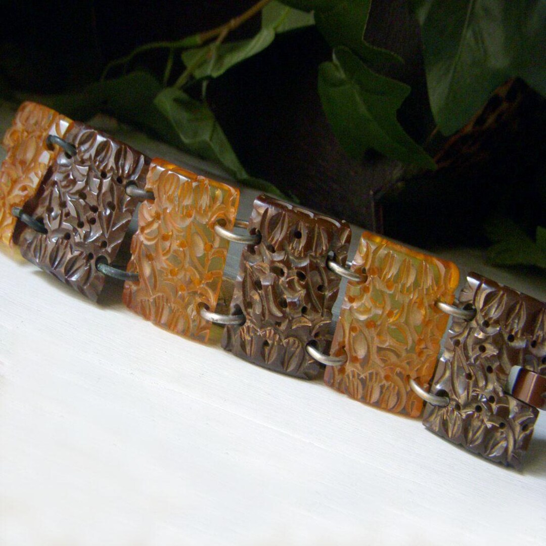 Vintage Bakelite Panel Link Bracelet, Rare Carved Chocolate and ...