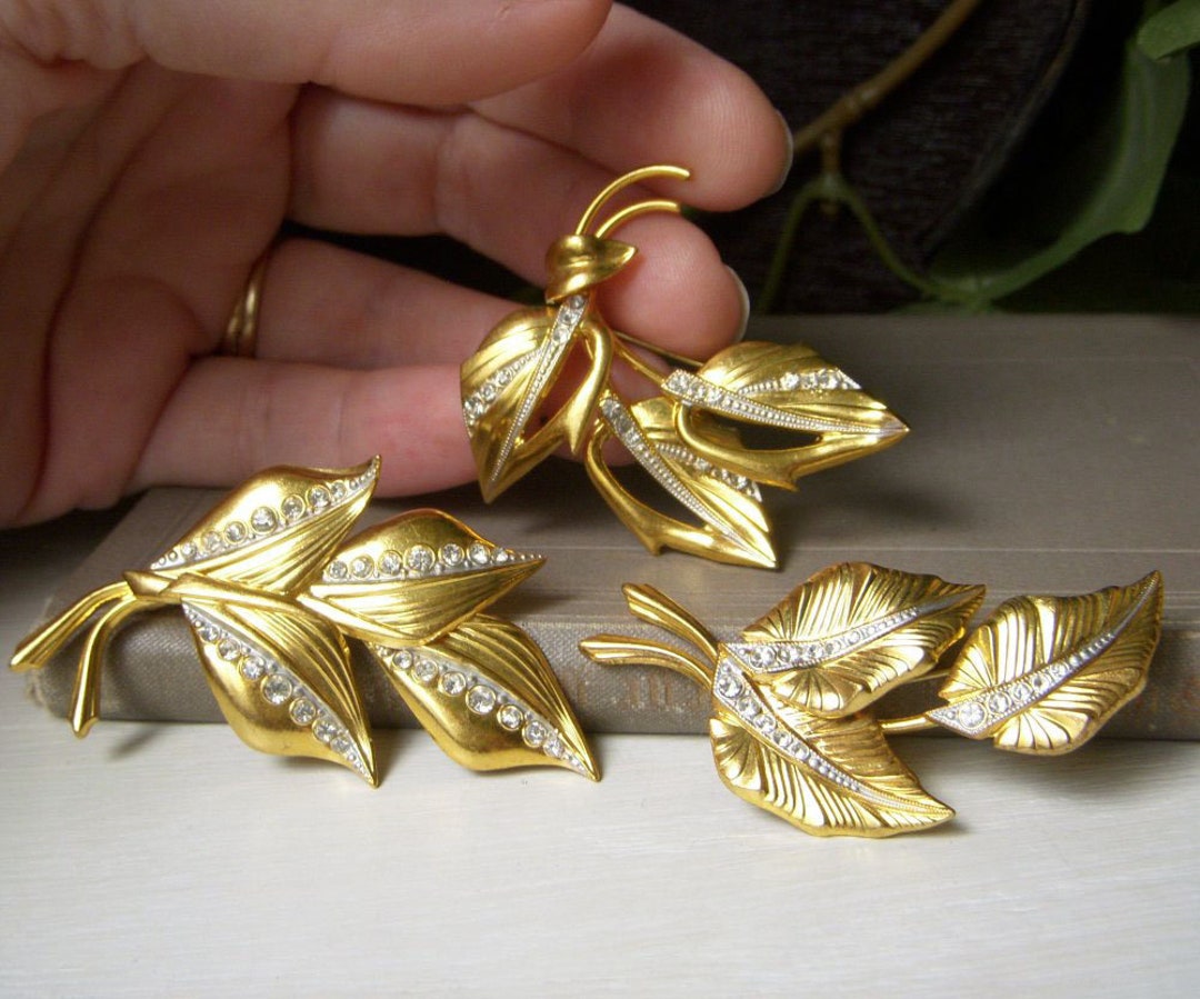 Set of Three Vintage Leaf Brooches, Gold and Clear Rhinestone Pin ...