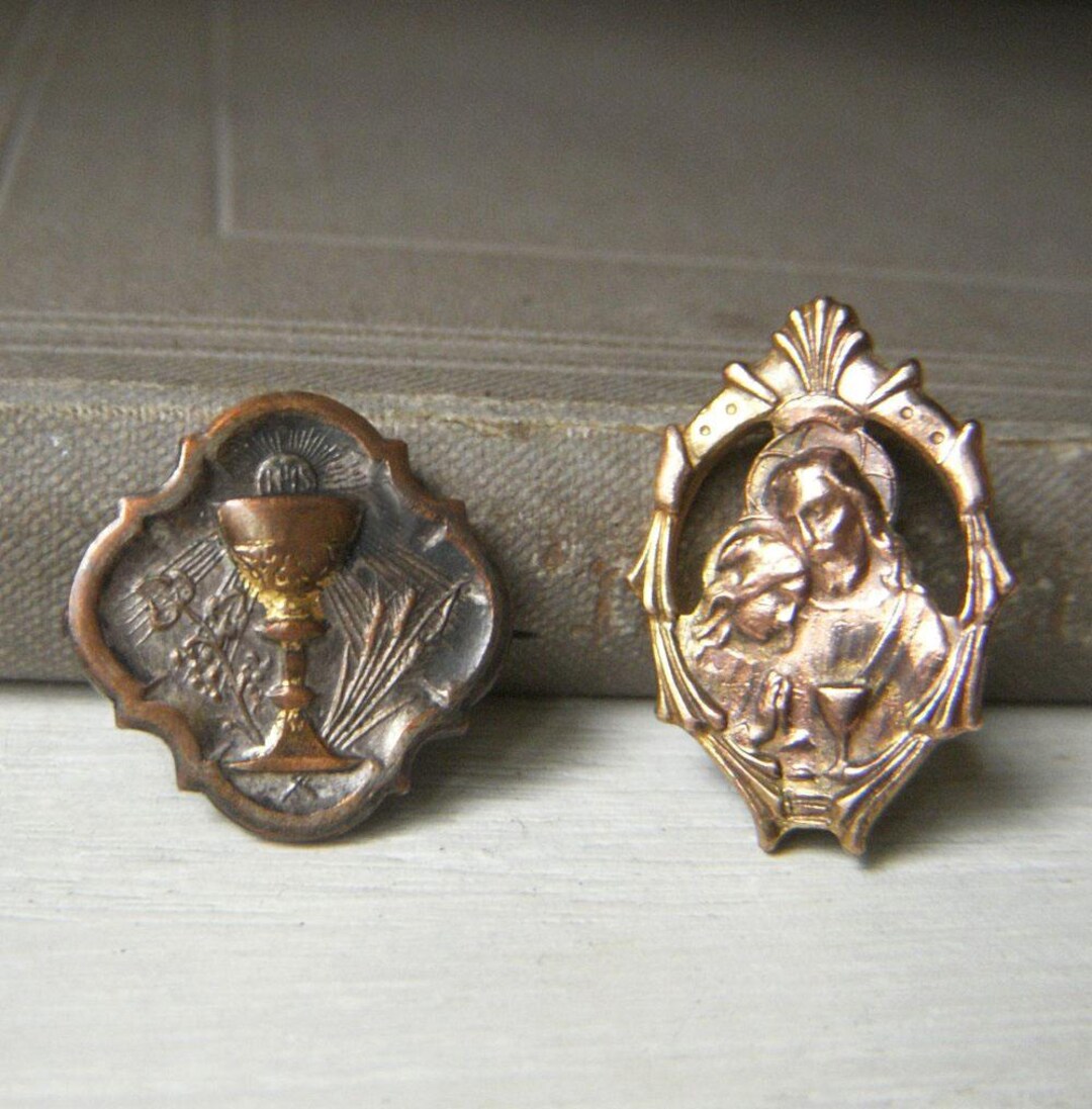 Antique First Communion Pins, Lot of Two, One From Poland, Catholic ...