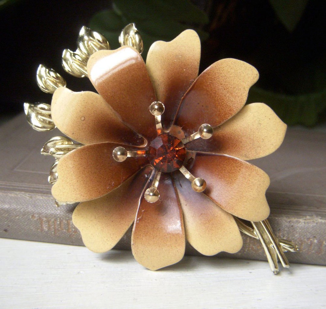 Vintage Coro Brown Enamel Floral Brooch, Large 3 Inch Flower Pin Signed ...
