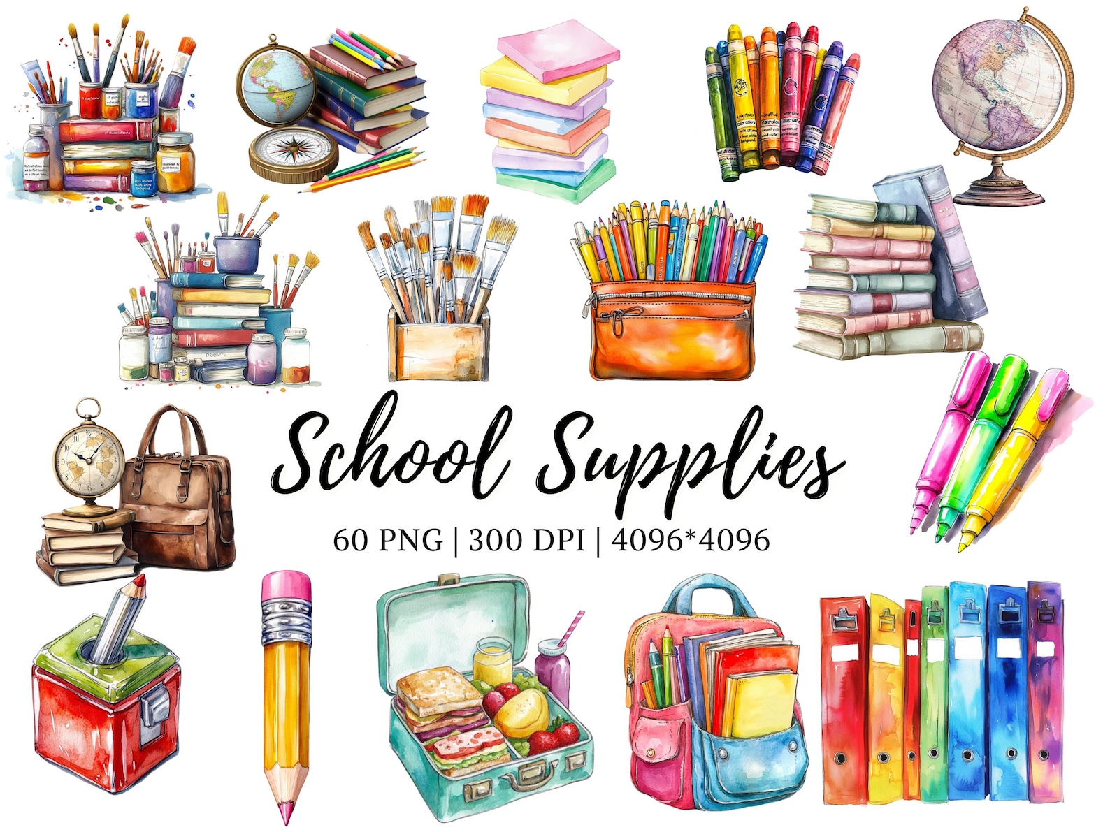 School Supplies Watercolor Clipart, Back to School Clipart, School Png ...