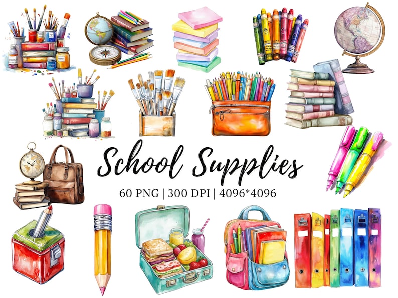 School Supplies Watercolor Clipart, Back to School Clipart, School Png ...