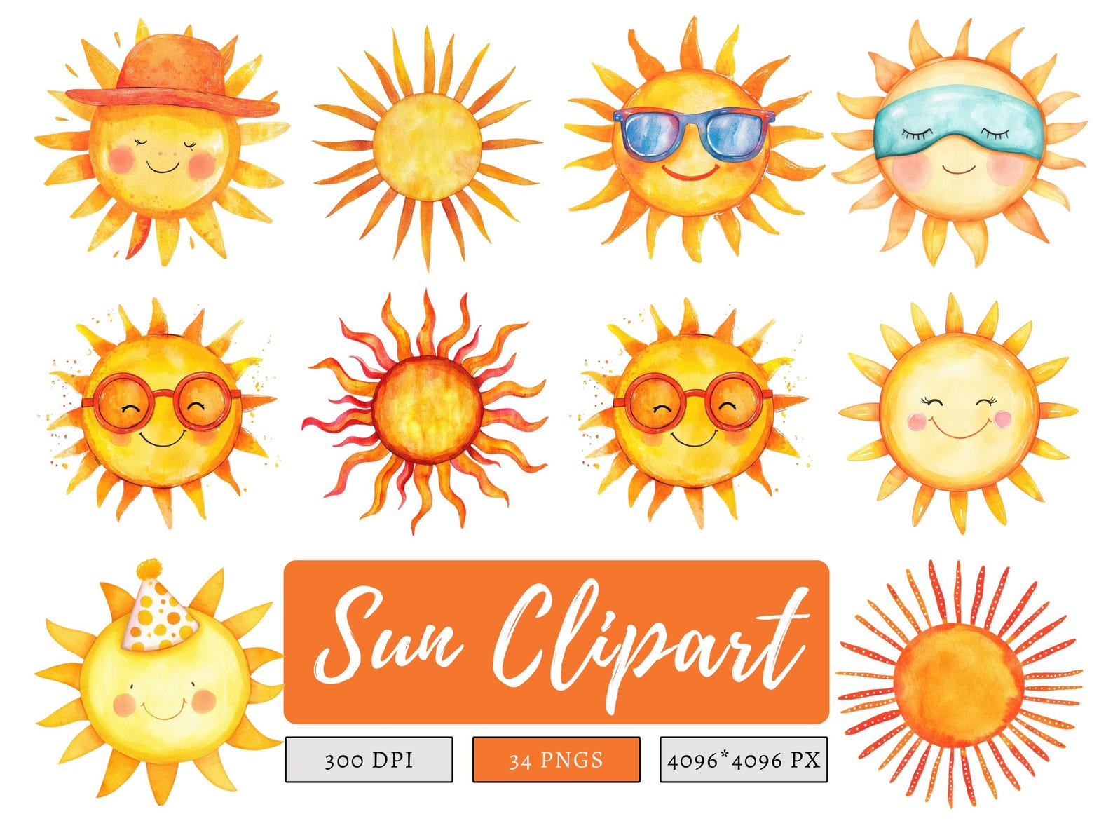 Sun Clipart Png Bundle, Watercolor Sun Clipart Png, Sun Png, Cute Sun ...