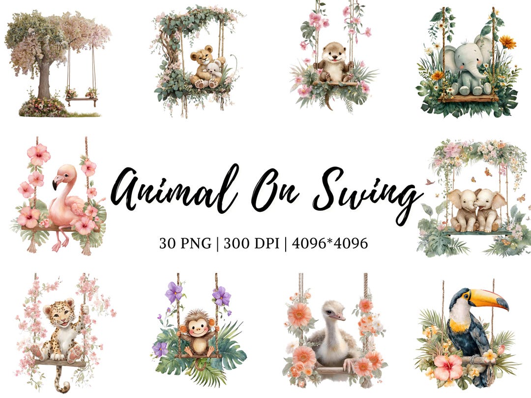 Baby Animal Swing Clipart, Cute Baby Animal on Swings Clipart, Safari ...
