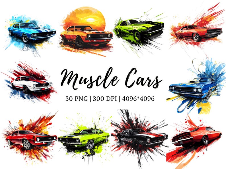 Watercolor Muscle Car Clipart, Automotive Clipart Png, Classic Muscle ...