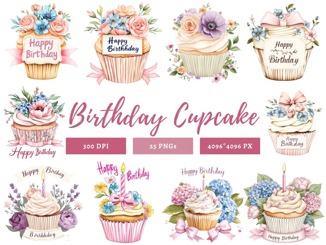 Watercolor Birthday Cupcake Clipart Bundle, Happy Birthday Clipart ...