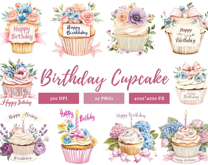 Happy Birthday Cupcake Clipart: Party PNG Bundle (digital Download ...