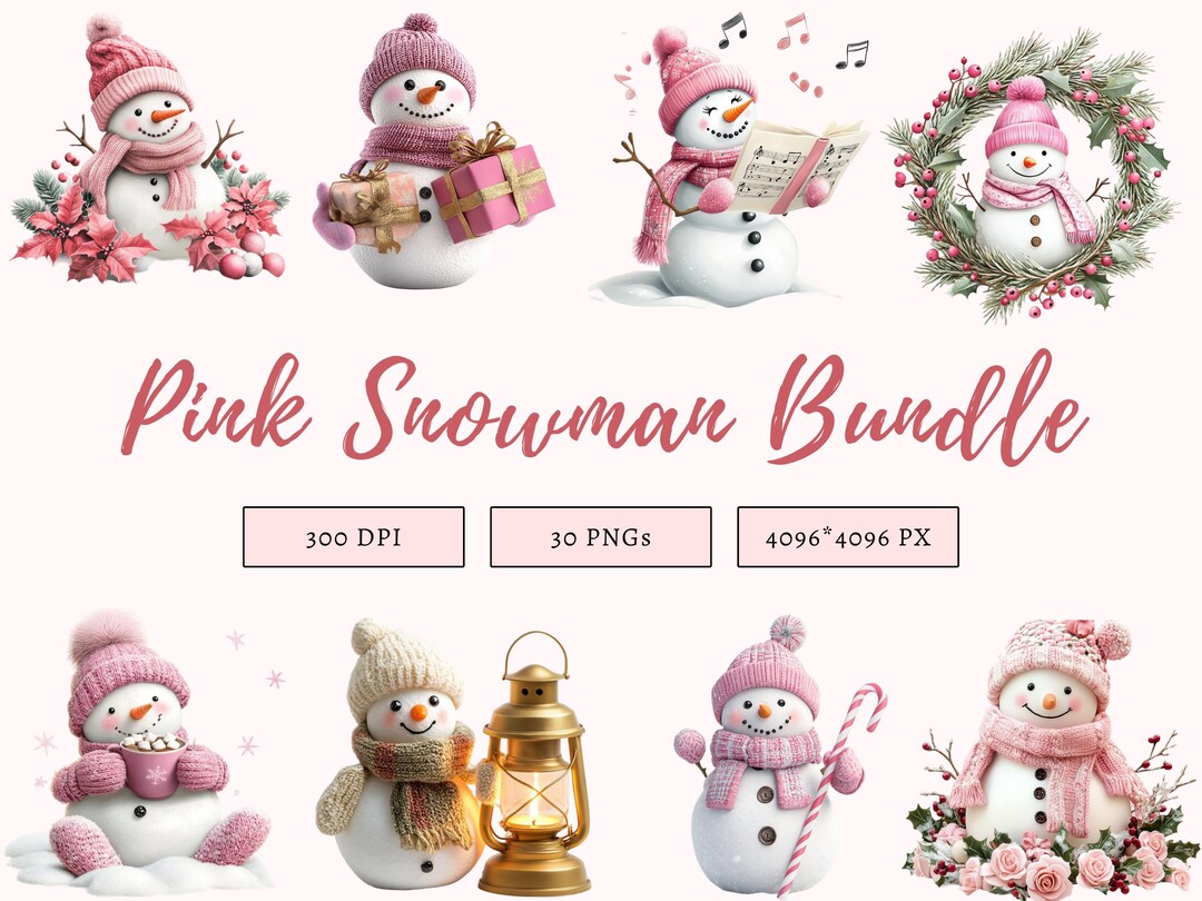Pink Snowman Clipart Png Bundle, Watercolor Snowman Clipart, Pink ...