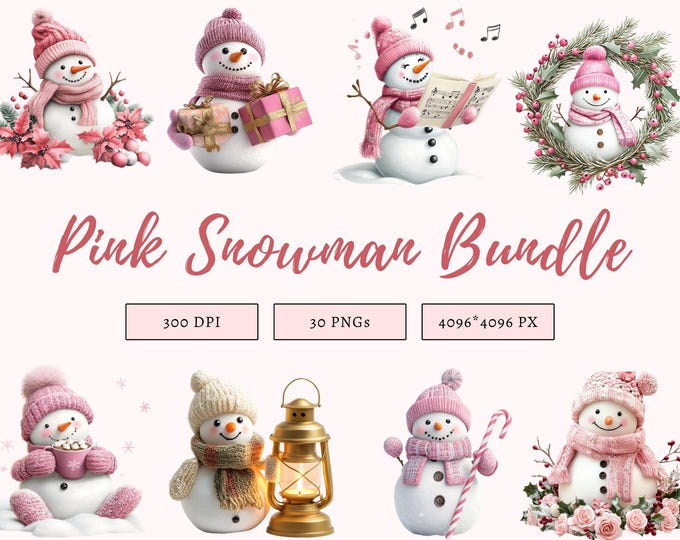 Watercolor Pink Snowman Collection Clipart, 26 PNG Festive Snowman ...