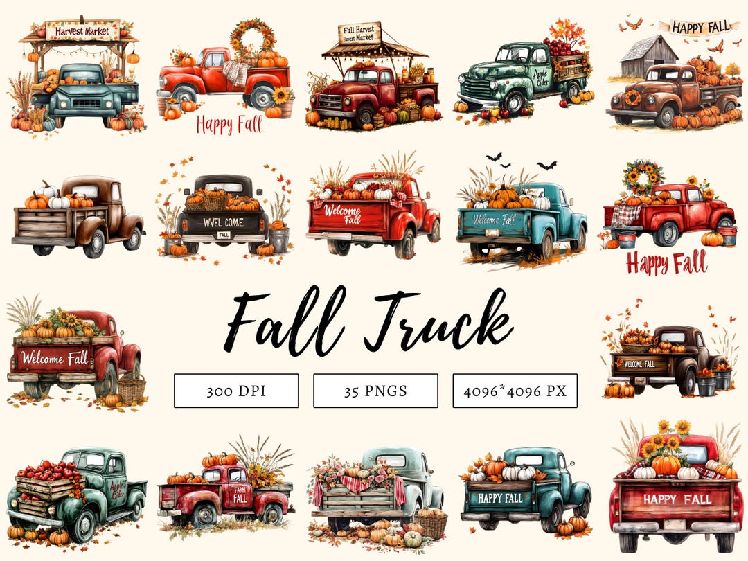 Watercolor Fall Truck Clipart Png Bundle, Fall Truck Clipart, Fall Png ...