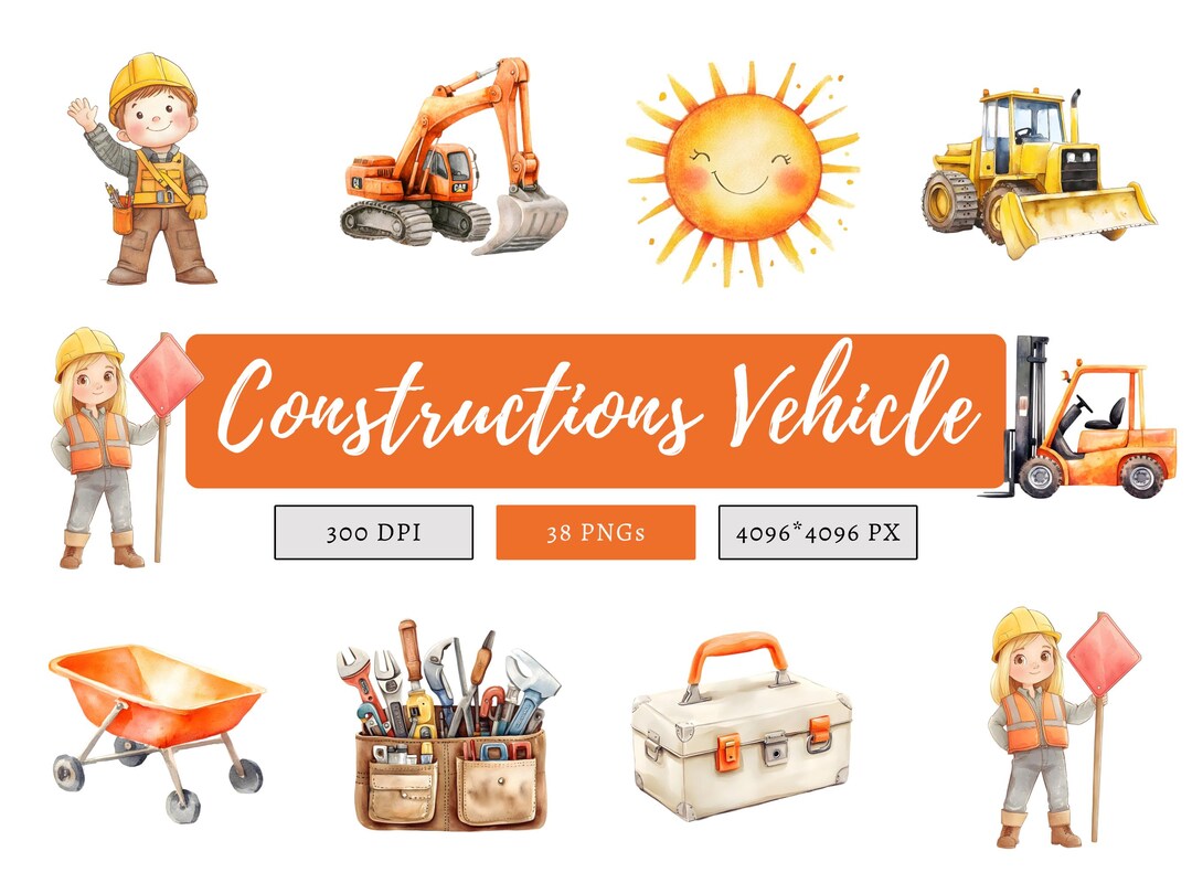 Construction Vehicle Clipart Bundle Png, Watercolor Construction ...