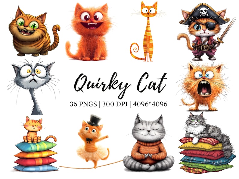 Quirky Cat Clipart Png Bundle, Cat Clipart Png, Funny Cat Clipart, Cute ...