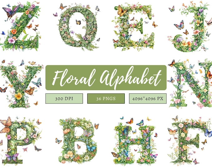 36 + PNG, Watercolor Spring Floral Alphabet Collection Clipart ...