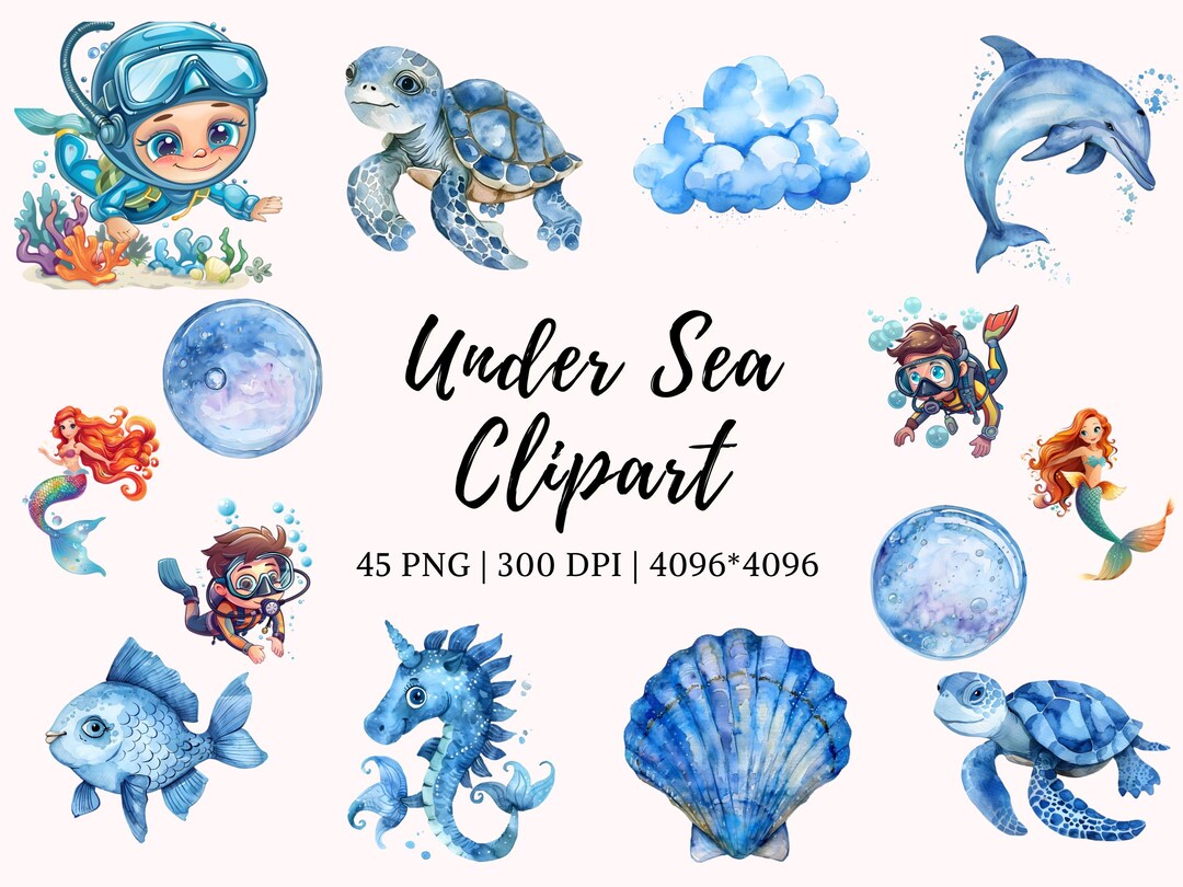 Under Sea Animal Clipart Png Bundle, Watercolor Under Sea Clipart, Cute ...