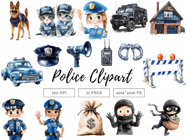 Watercolor Police Clipart Png Bundle, Police Clipart, Cute Police ...