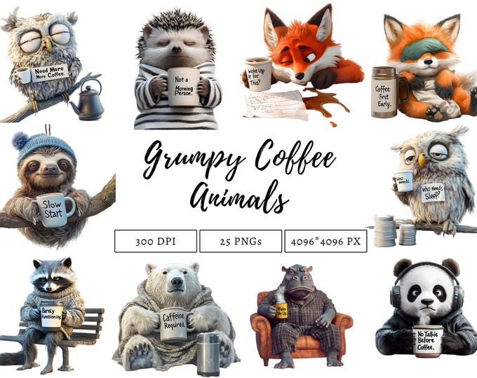 Grumpy Coffee Animals Clipart Bundle: Cartoon PNG (commercial Use ...