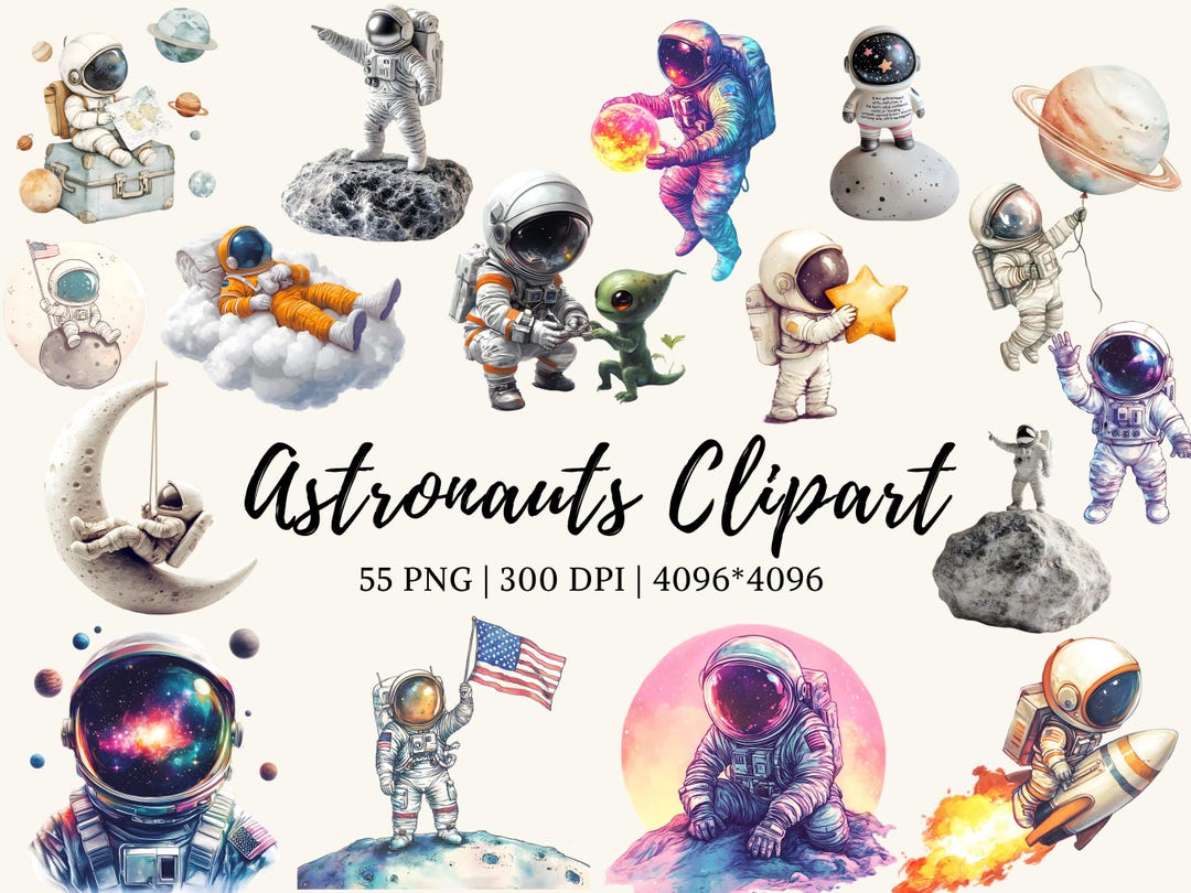 Watercolor Astronaut Clipart, Space Clipart Png Bundle, Cute Astronaut ...