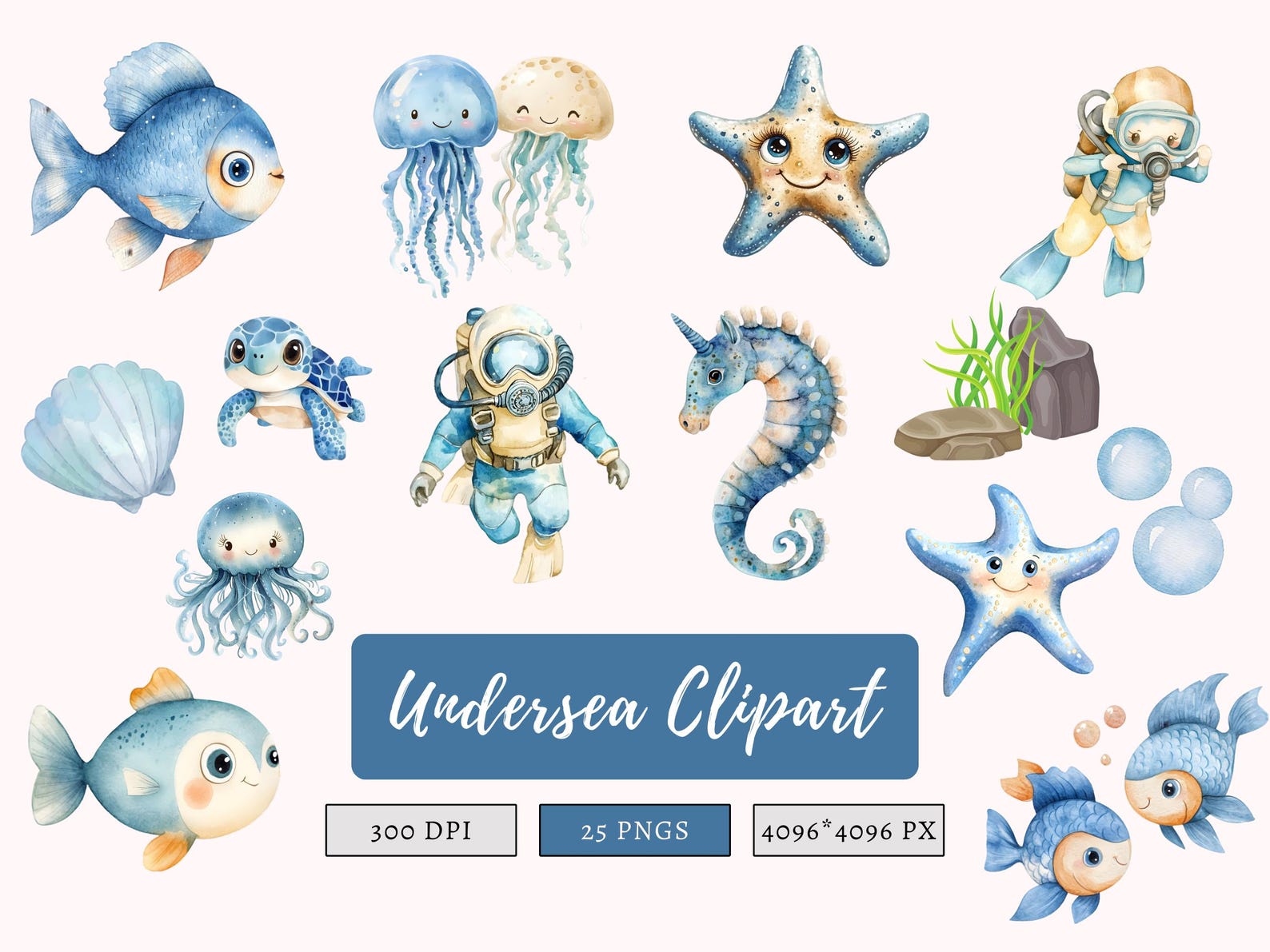 Sea Animal Clipart Bundle Png, Undersea Watercolor Clipart Bundle ...