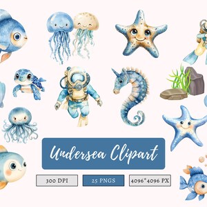 Sea Animal Clipart Bundle Png, Undersea Watercolor Clipart Bundle ...