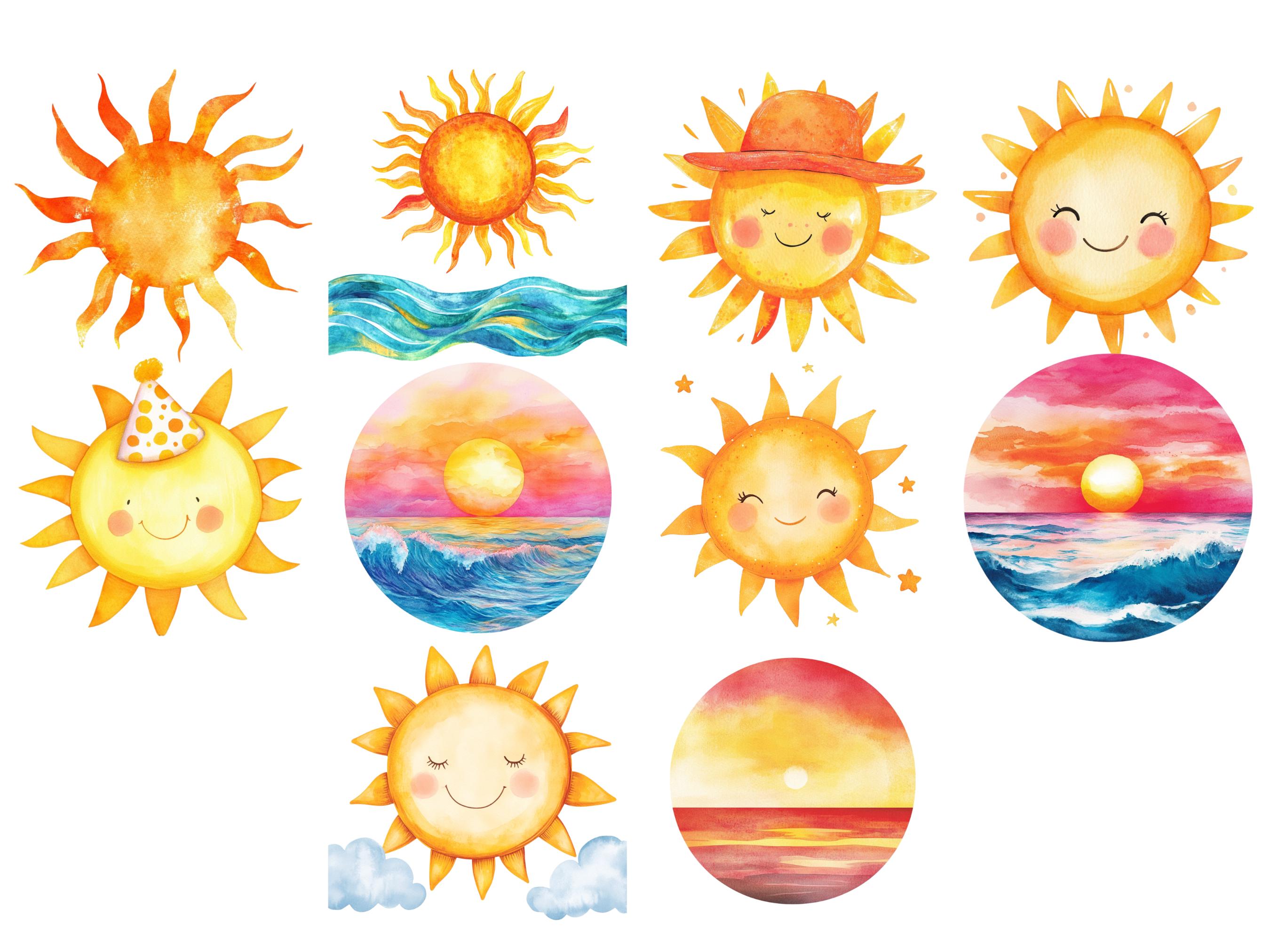 Sun Clipart Png Bundle, Watercolor Sun Clipart Png, Sun Png, Cute Sun ...