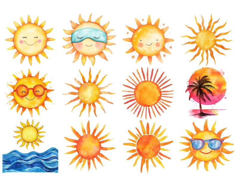 Sun Clipart Png Bundle, Watercolor Sun Clipart Png, Sun Png, Cute Sun ...