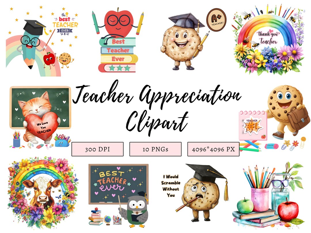 Teacher Appreciation Clipart Bundle Png, Watercolor Teacher ...