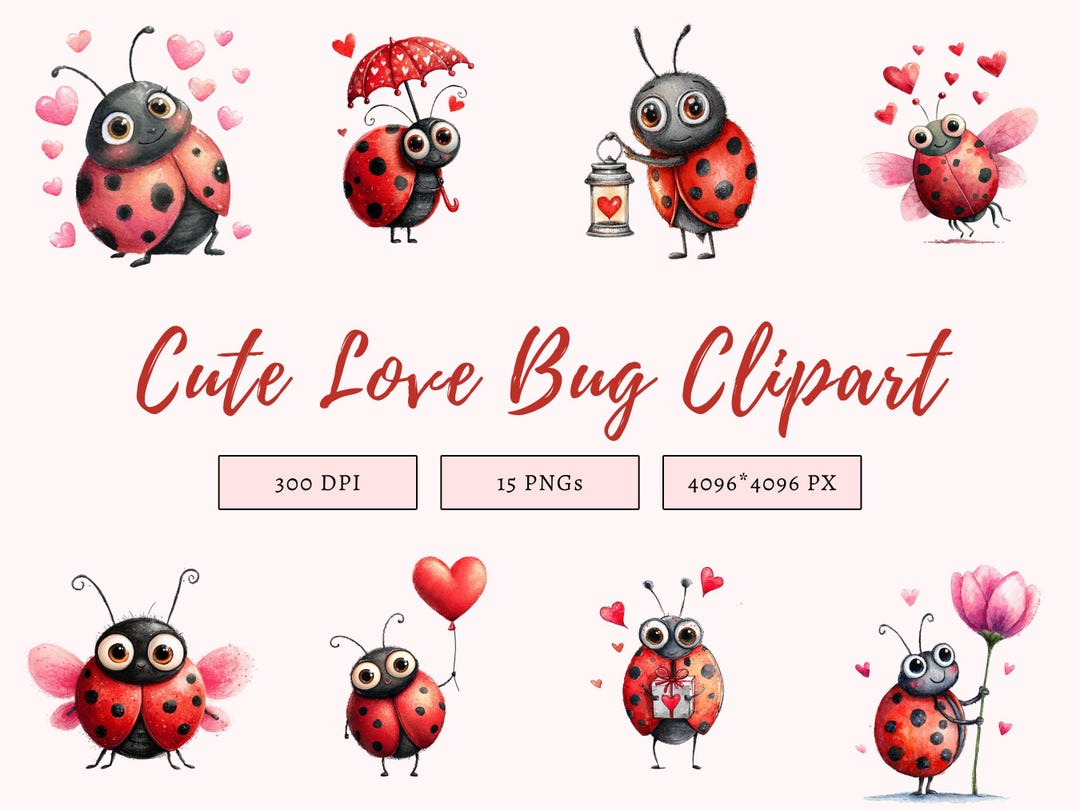 Watercolor Love Bug Clipart Bundle, Cute Love Bug PNG, Quirky Love Bug ...